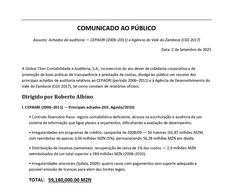 Milhões de meticais sem justificação no CEPAGRI e Vale do Zambeze e ...